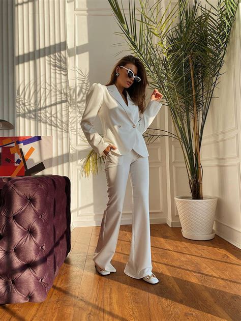 White Bell Bottom Pants Suit Set With White Blazer Puffed Etsy