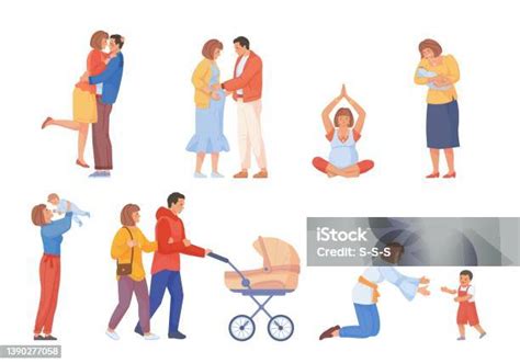 부모 출산 부모 포옹 아기 엄마 포옹 새로운 아기 임신과 출산 자녀와 커플 유모차 웃는 어머니 행복한 젊은 가족 멋진 벡터 일러스트 레이 션 가족에 대한 스톡 벡터 아트 및