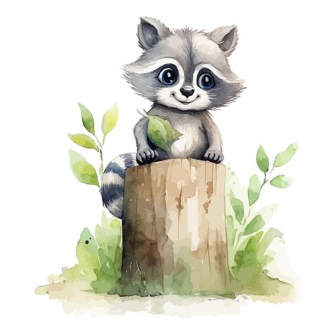 Caricatura De Lindo Mapache En Tocón De árbol Con Estilo De Pintura De