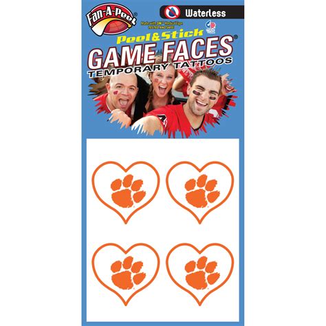 Fan A Peel Clemson Waterless Temporary Tattoos Hypoallergenic Peel