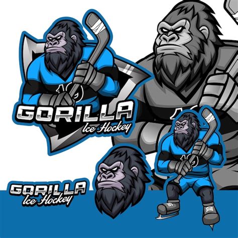 Gorrila 아이스 하키 로고 마스코트 만화 캐릭터 프리미엄 벡터