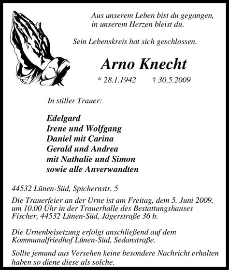 Traueranzeigen Von Arno Knecht Trauer In Nrw De