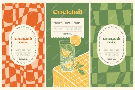 카페 또는 레스토랑용 벡터 손으로 그린 칵테일 포장 라벨 디자인 템플릿 세트 프리미엄 벡터