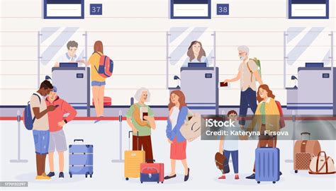 공항 체크인 카운터에서 수하물을 소지한 사람 항공편 등록 중 터미널 데스크 승객 통제 항공사 직원이 항공권 여권 탑승권 및 수하물을 확인합니다 플랫 벡터 공항에 대한 스톡