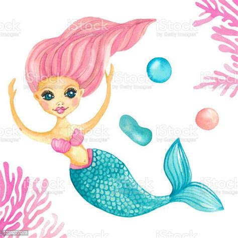 수채화 귀여운 인어 클립 아트 손으로 그린 그림 의 수중 만화 캐릭터 수채화에 대한 스톡 벡터 아트 및 기타 이미지 수채화 여자 인어 0명 Istock
