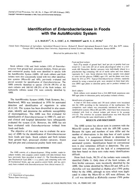 Pdf Identification Of Enterobacteriaceae In Foods With The Automicrobic System