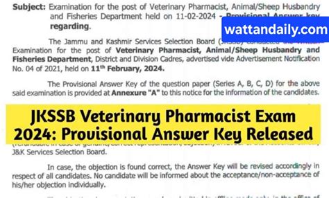 Jkssb Answer Key For Pharmacist Exam 2024 Check Here Wattan Daily
