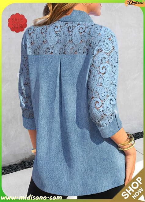 Dusty Blue Patchwork Long Sleeve Turn Down Collar Blouse Fashion Tops