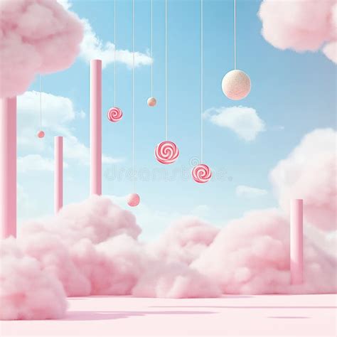 Pink Fluffy Clouds Form Sweet Landscape Candy Lollipops Hang From Sky