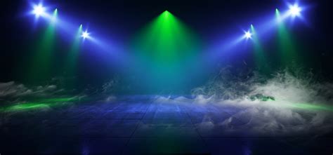 연기 안개 공상 과학 Fi 복고풍 빛나는 녹색 파란색 레이저 스팟 조명 빈 단계 연단 건설 쇼케이스 나이트 클럽 차고 지하