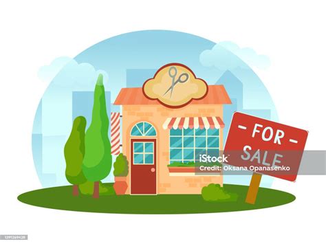 판매를위한 집의 개념 부동산 의 판매 또는 임대 만화 스타일의 주변 과 나무와 땅의 플롯에 집 흰색 배경에서 격리된 벡터 그림입니다 0명에 대한 스톡 벡터 아트 및 기타