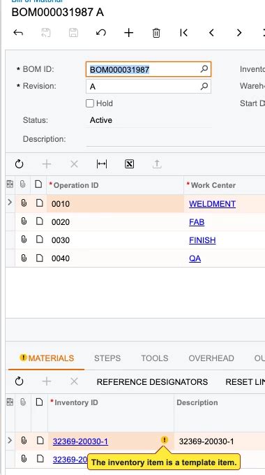 Generate Sub Assemblies In Error The Inventory Item Is A Template Item