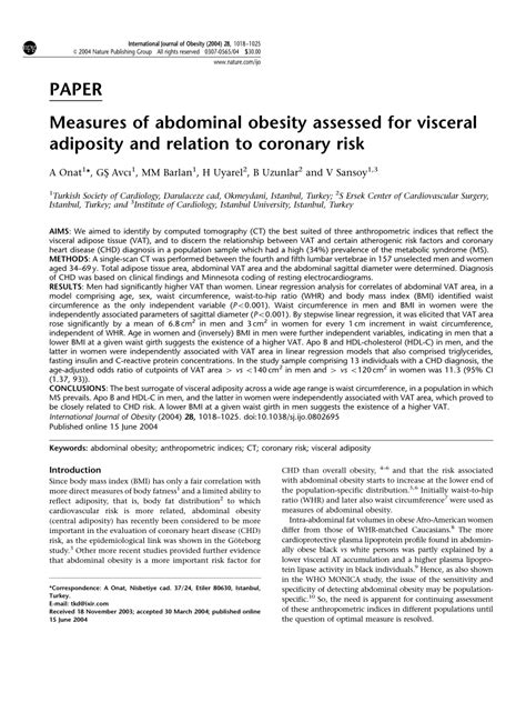 Pdf Measures Of Abdominal Obesity Assessed For Visceral Adiposity And