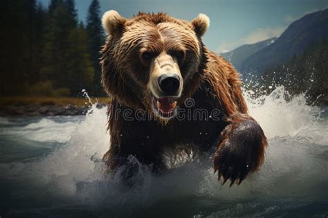 Natures Danger Captured Grizzly Bear Catching Salmon In A River Stock