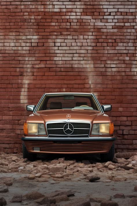 An Old Mercedes Parked In Front Of A Brick Wall