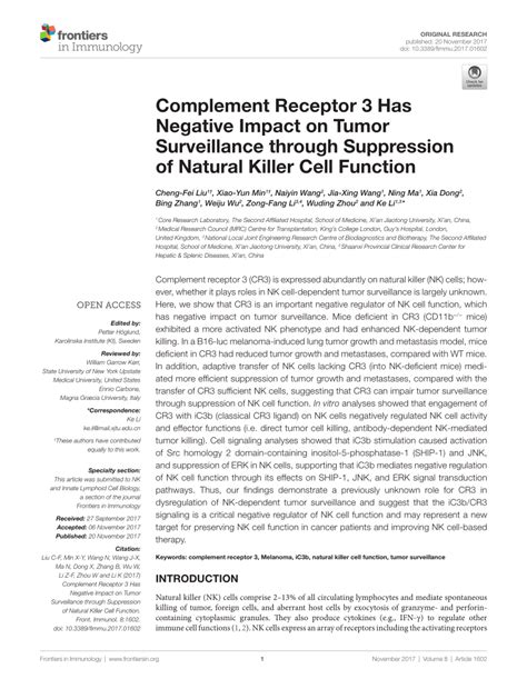 Pdf Complement Receptor Has Negative Impact On Tumor Surveillance Through Suppression Of