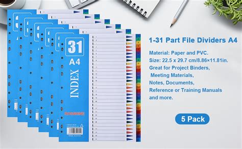 1 31 Part File Dividers A4 【5pack】plastic A4 Folder Dividers For Ring Binders With11 Holes