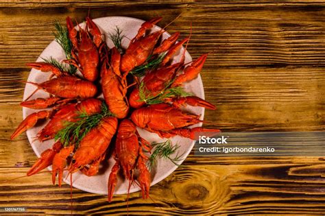나무 테이블에 삶은 가재와 접시 맨 위 보기 갈고리 발톱에 대한 스톡 사진 및 기타 이미지 갈고리 발톱 갑각류 개체 그룹