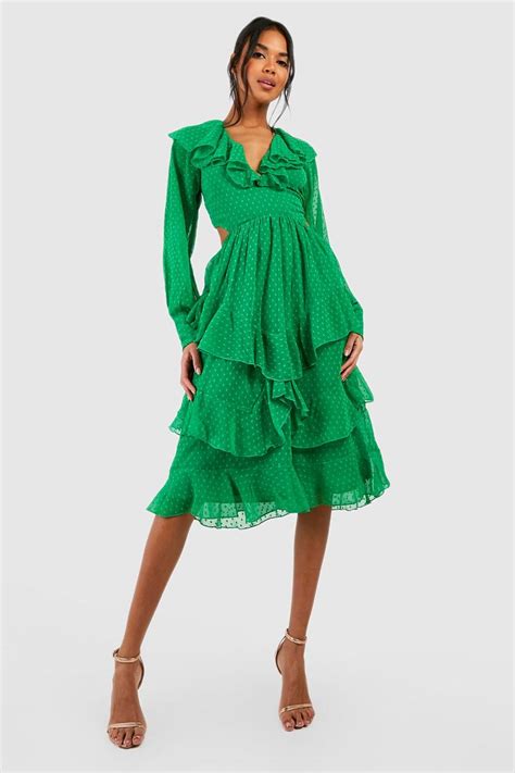 Dobby Ruffle Midi Dress Boohoo