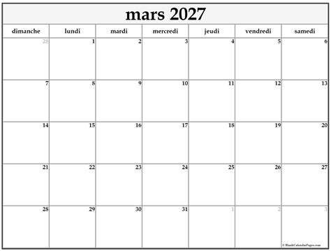 Mars 2027 Calendrier Imprimable Calendrier Gratuit