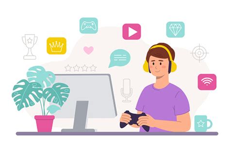 게임용 헤드폰에서 모니터 뒤에 조이스틱을 가진 남성 게이머 가정 환경 벡터 평면 그림 비디오 게임에 대한 스톡 벡터 아트 및