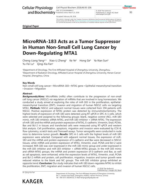Pdf Microrna 183 Acts As A Tumor Suppressor In Human Non Small Cell
