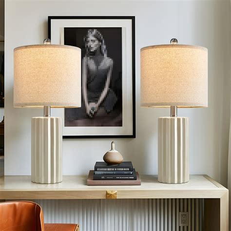 Oneach Modern Beige Ceramic Table Lamp Set Of 2 For Living Room Bedroom