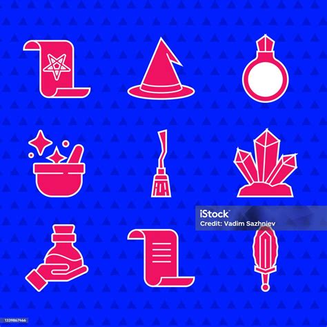 세트 마녀 빗자루 고대 마법의 책 불 돌 물약 가마솥 반지 보석과 아이콘병 벡터 가마솥에 대한 스톡 벡터 아트 및 기타 이미지