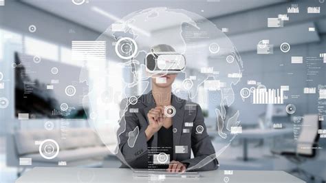 Woman Selecting Market World Sliding Graph Monitor Via Vr Office Contraption Stock Image