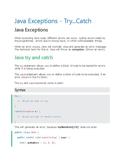 Exceptions Try Catch Of Java Programming Java Exceptions Try Java Exceptions When