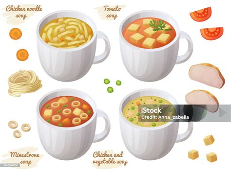 흰색 백라운드에 격리된 컵 벡터 아이콘에 있는 4개의 수프 컬렉션 닭고기와 야채 미네스트로네 치킨 국수 토마토 수프 컬렉션 만화 그림 가스파초에 대한 스톡 벡터 아트 및