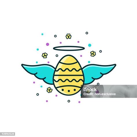 날개와 후광플랫 컬러 라인 아이콘 흰색 배경에 고립 된 거룩한 부활절 달걀 기독교 휴일 기호 상징 이미지 그림을 봄 계절에 대한