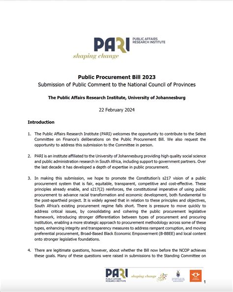 Submissions On The New Public Procurement Bill Pari Public Affairs