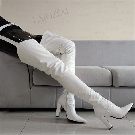 LAIGZEM Thigh High Chap Boots Side Zip Chunky Block Heels Boots Belted