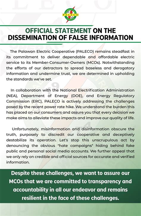 Official Statement On The Dissemination Of False Information Palawan Electric Cooperative
