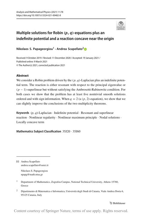 Pdf Multiple Solutions For Robin P Q Equations Plus An Indefinite Potential And A Reaction