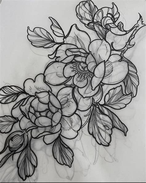 Drawing Of Flower Tattoo Design With Overlaying Line Art
