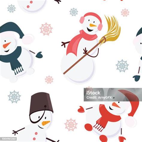 패턴 만화 Snowmans 양동이 모자에 흰색 바탕에 빗자루와 헤드폰 벡터 일러스트입니다 갈색에 대한 스톡 벡터 아트 및 기타