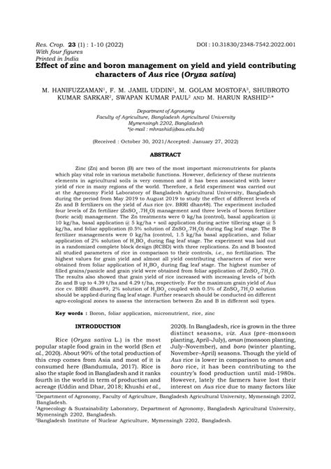Pdf Effect Of Zinc And Boron Management On Yield And Yield