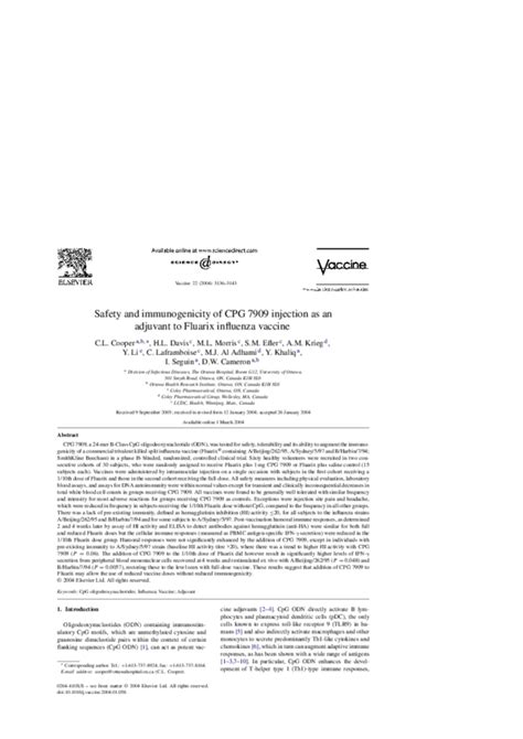 Pdf Safety And Immunogenicity Of Cpg 7909 Injection As An Adjuvant To