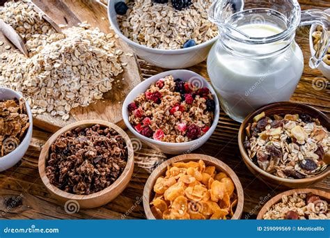 Composition With Different Sorts Of Breakfast Cereal Products Stock