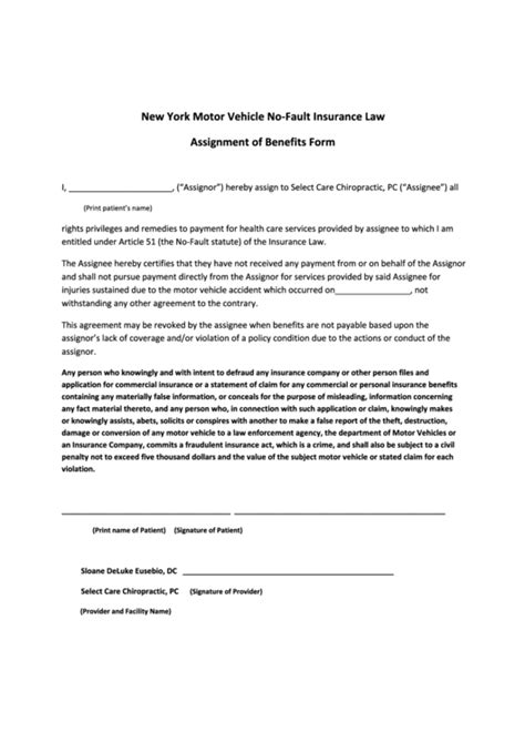 Assignment Of Benefits Form Printable Pdf Download