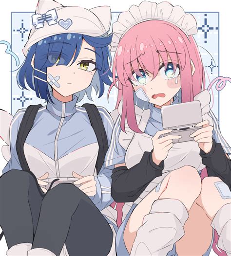 Safebooru 2girls Absurdres Apron Bandaid Blue Hair Bocchi The Rock