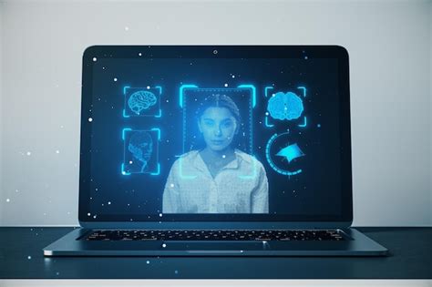 Premium Photo Laptop On Desk With Face Recognition Hologram On Light Background Face Id And