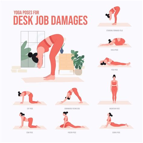 Posturas de yoga para trabajo de escritorio daños mujer joven