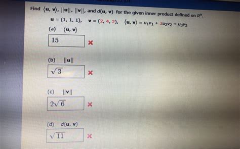 solved find u v iul iv and d u v for the given inner