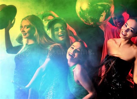 Dance Party With Group People Dancing Women Have Fun In Night Club