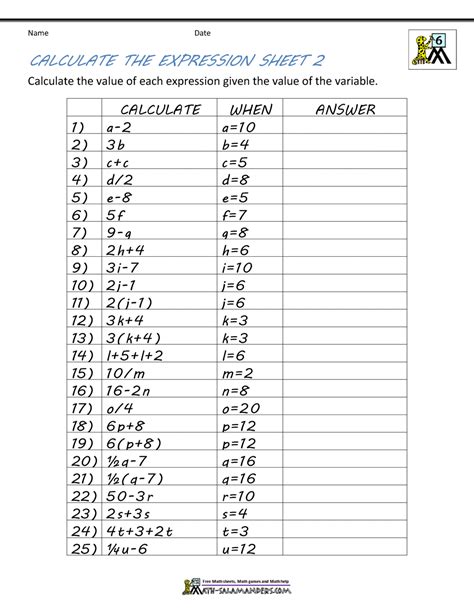 Math Expressions Grade 6 Worksheet