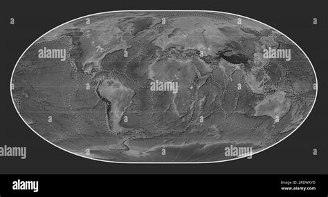Tectonic Plate Boundaries On The World Grayscale Elevation Map In The Loximuthal Projection