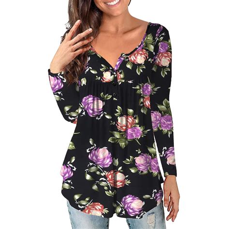 Floral Flower Long Sleeve V Neck Big And Tall Tops Plus Size Womens Plus